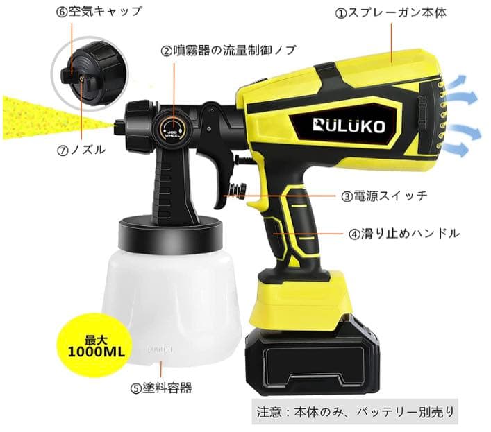 電動スプレーガン塗装ガン 小型 1000mlコードレス電動塗装機21Vバッテリー