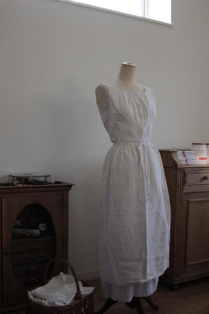 フランスアンティーク/タブリエ・ギャザーリネンエプロン/H・A