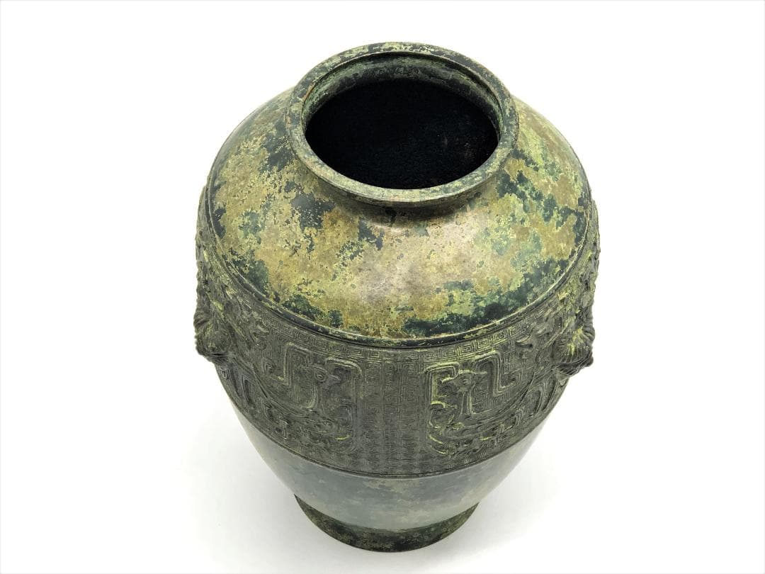 【 高岡銅器製浜物　花生 】　倣中国古代鳳文銅壺　江戸末頃