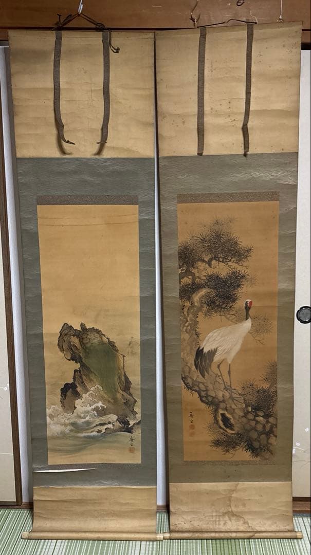掛け軸　大倉廣寶　鶴　亀　草幅画　松　岩　骨董品　絵画　掛軸　大正ロマン　廣宝