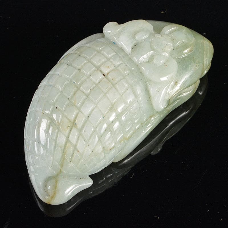 中国　玉石翡翠玉彫刻　とうもろこし　蛙など　根付　玉器　4点　C　R6172