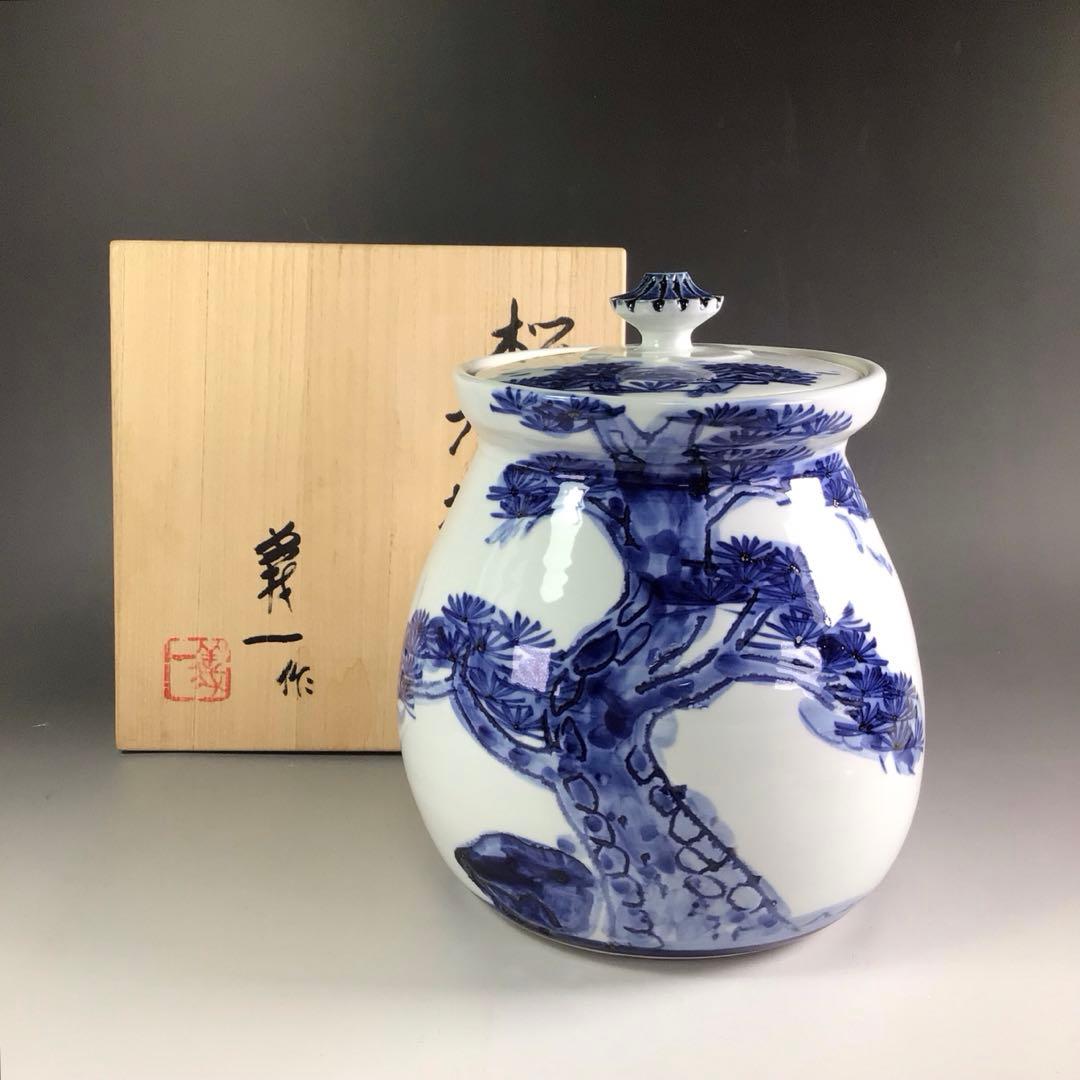 Ｒ５０５　水指　『篠田義一造』『染付松絵』　共箱　茶道具