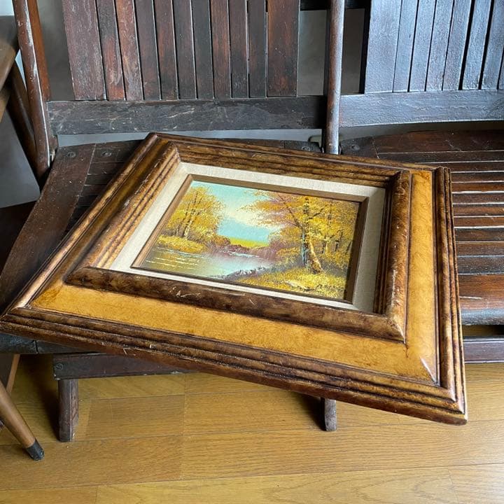 豪華！アンティーク絵画　油彩　アメリカ　森林と川風景画Antiqueヴィンテージ