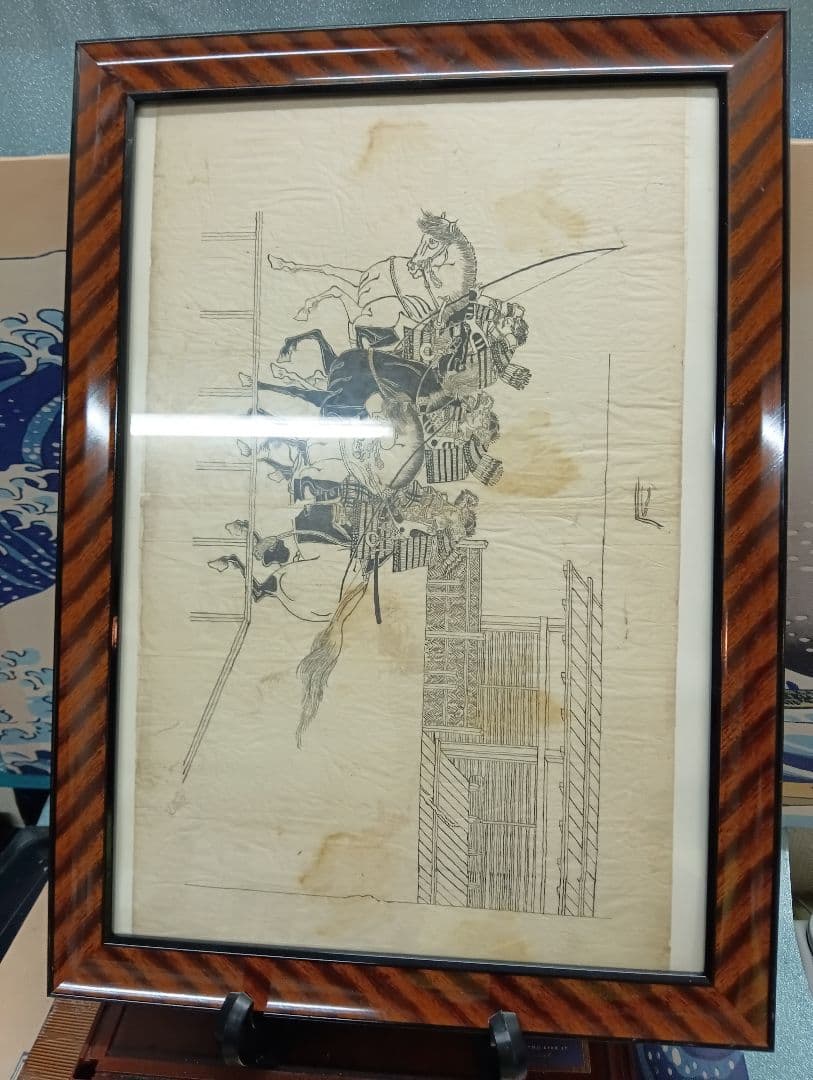 江戸時代後期幕末頃武家旧家蔵出馬上武者絵図古文書資料横幅４４Ｘ縦３２センチ額装品