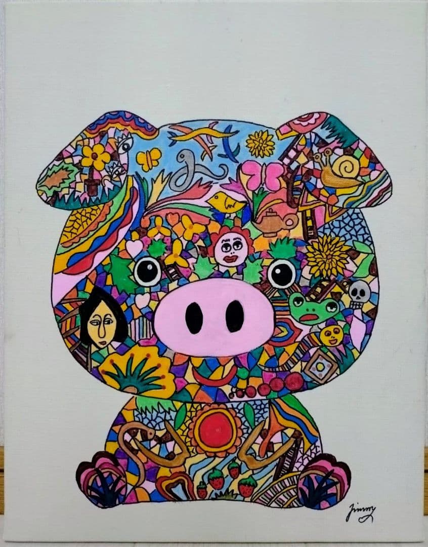 【F6号】ジミー大西【Pig】手描き作品/表裏サイン/油彩/アクリル/絵画/額縁