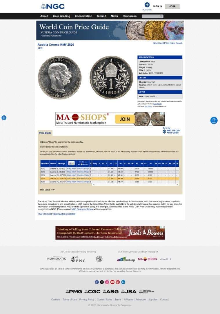 NGC-MS61 1915　オーストリア　フランツ・ヨーゼフ1世月桂冠と帝冠銀貨
