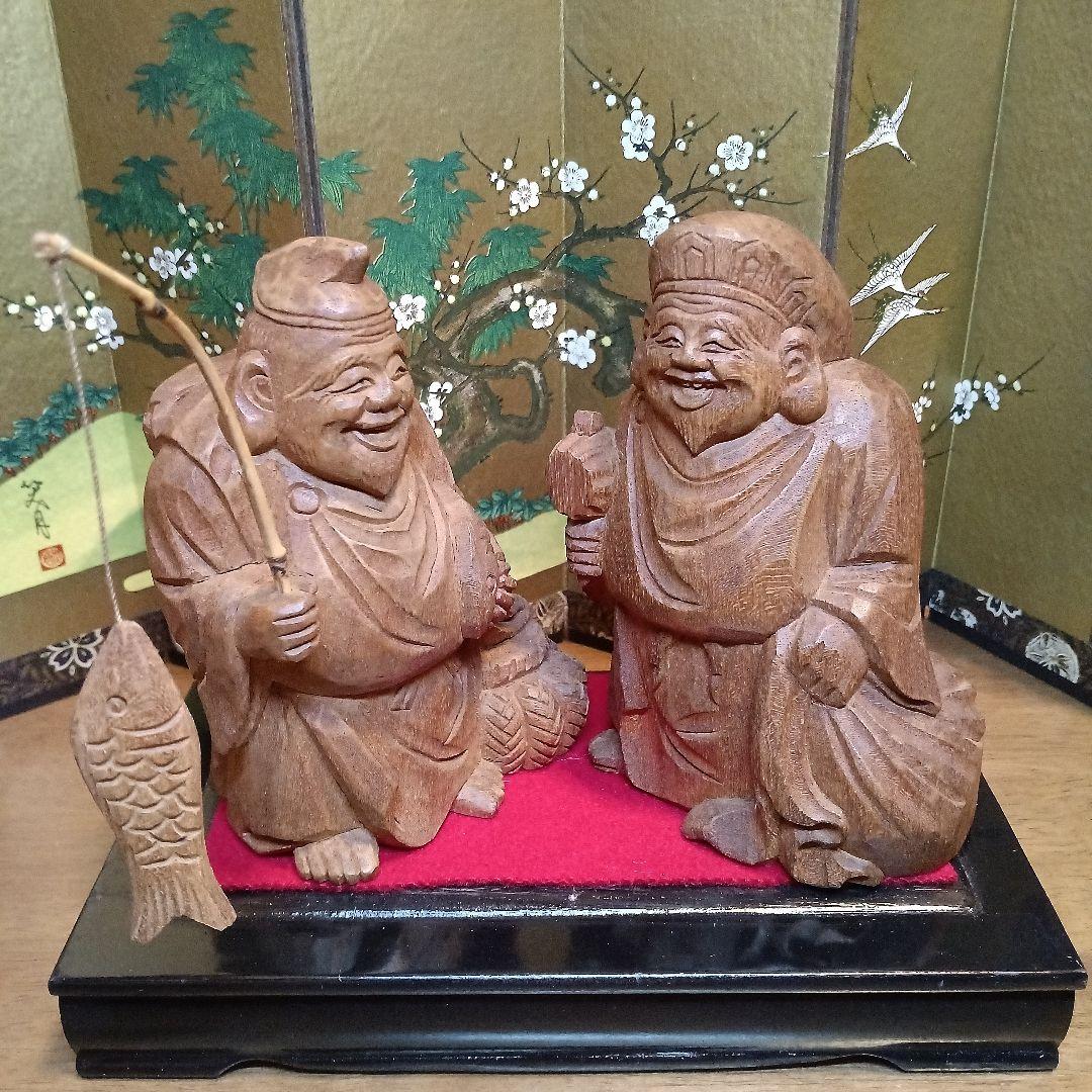 骨董品　恵比寿:大黒　木彫り置物　屏風&台座付き　希少セット