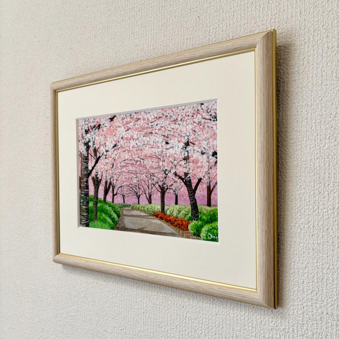 アクリル画　原画　「桜の小径02」額縁付　SMサイズ　風景画