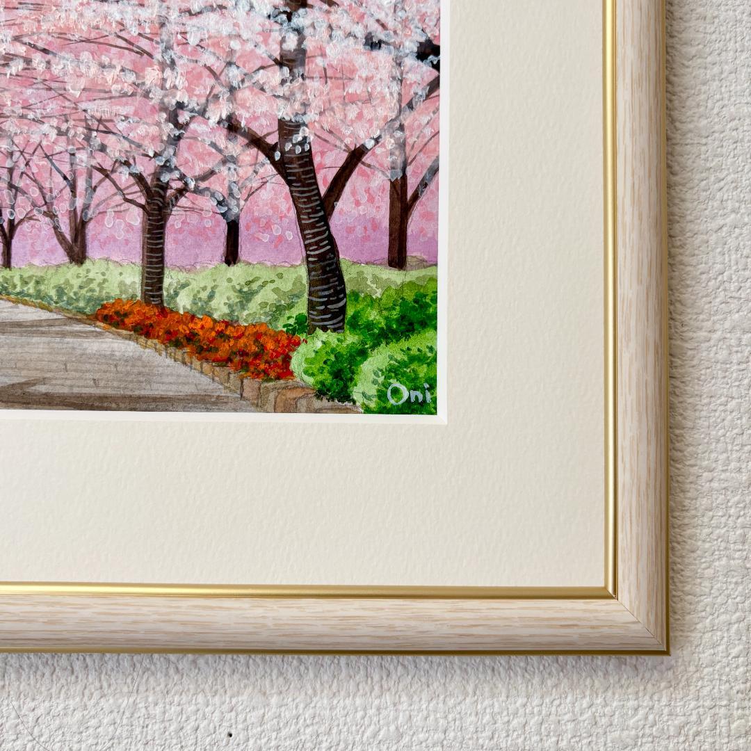 アクリル画　原画　「桜の小径02」額縁付　SMサイズ　風景画