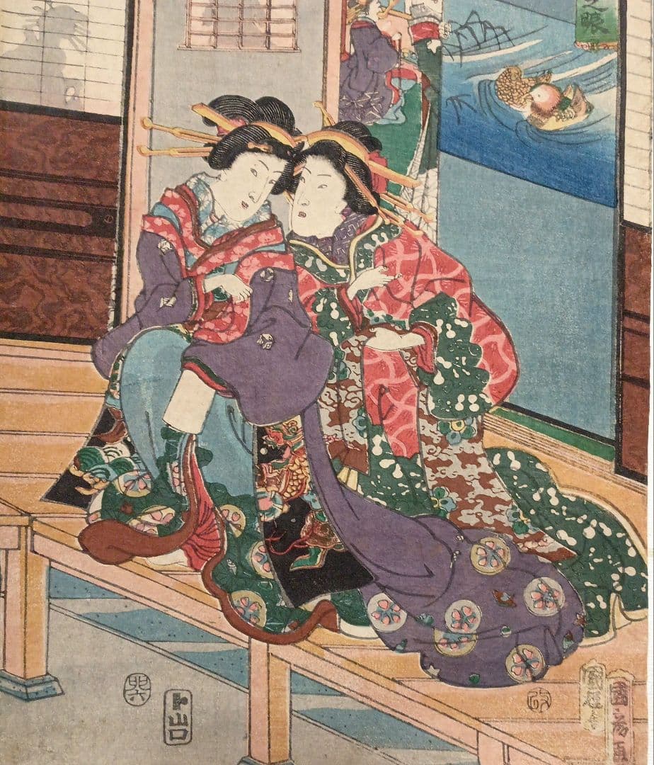 浮世絵版画、當世美人花之賑三枚綴り国輝舎国彦画（歌川国彦)安政2年出版