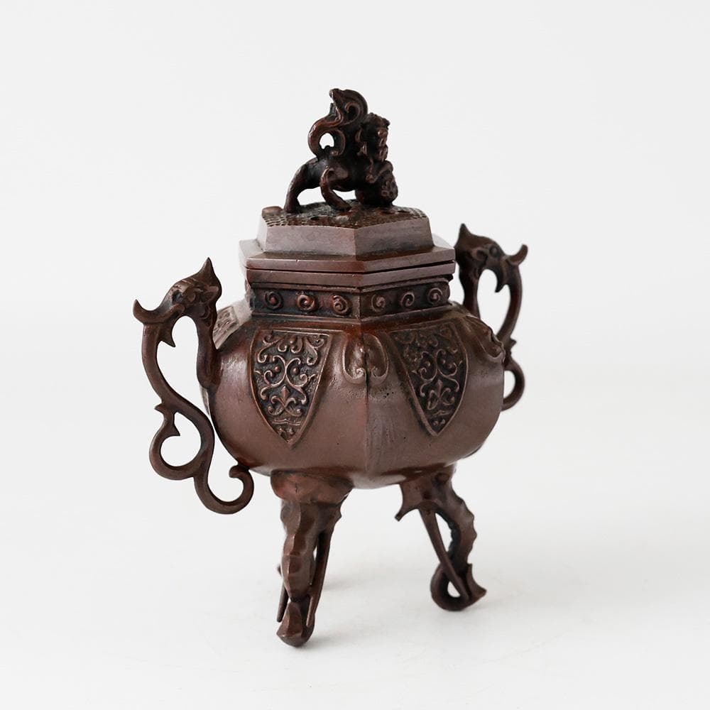 瑞峰堂 栄翠作 御下賜品 六角象耳菖蒲文 銅製香炉 十六菊金象嵌 共箱 黄布 栞