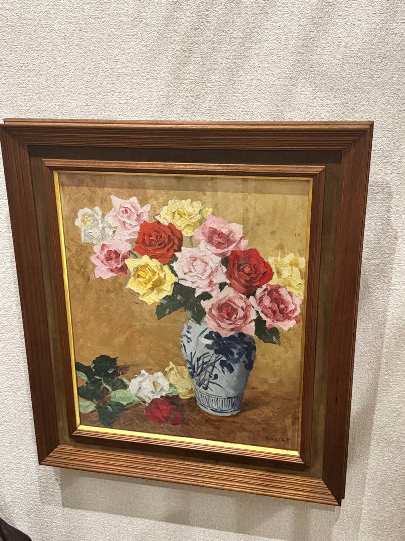 (14) 真作　関川富士郎　直筆サイン入　油彩　絵画　薔薇　アンティーク
