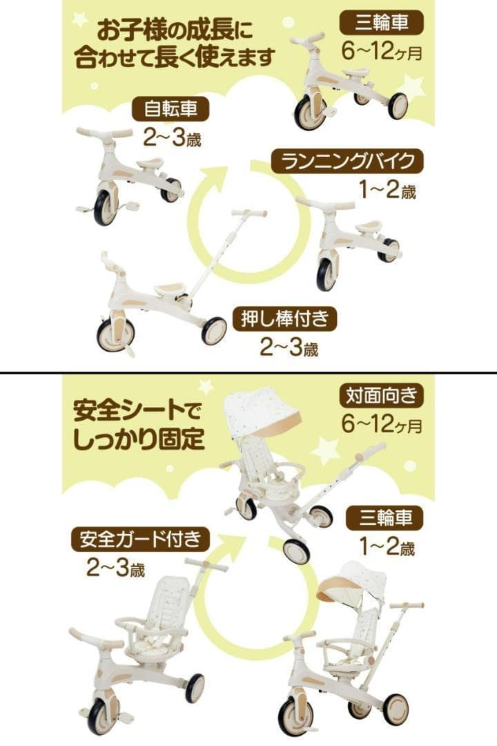 多機能 三輪車 手押し棒付き 折りたたみ 1歳～5歳 安全ベルト付き2644