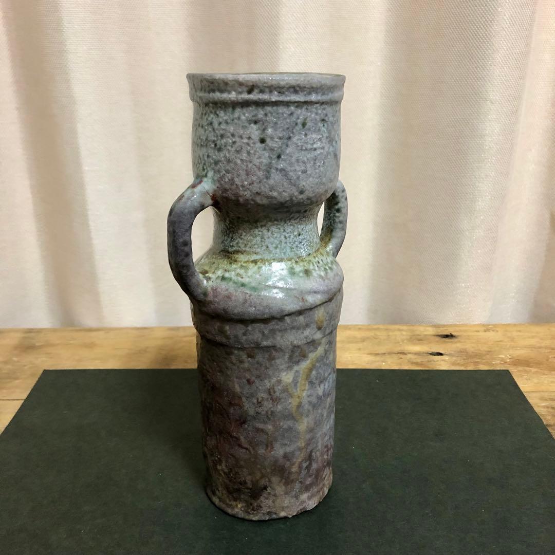 佐久知炎仙 秘色南蛮花器 茶道具 共箱 耳付花入