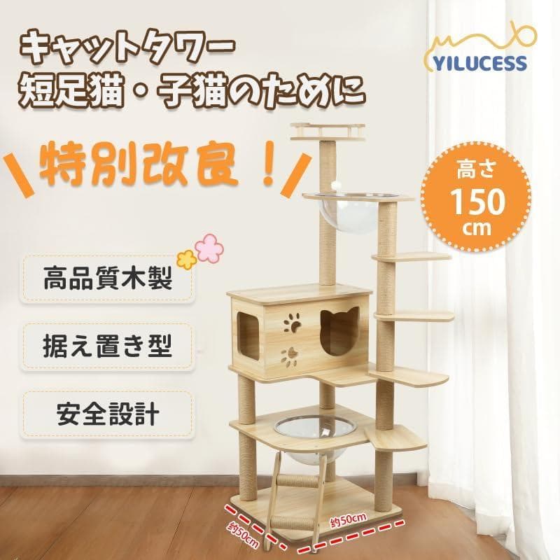 Yilucess キャットタワー 木製 短足猫 子猫向け 猫タワー 透明ボウル