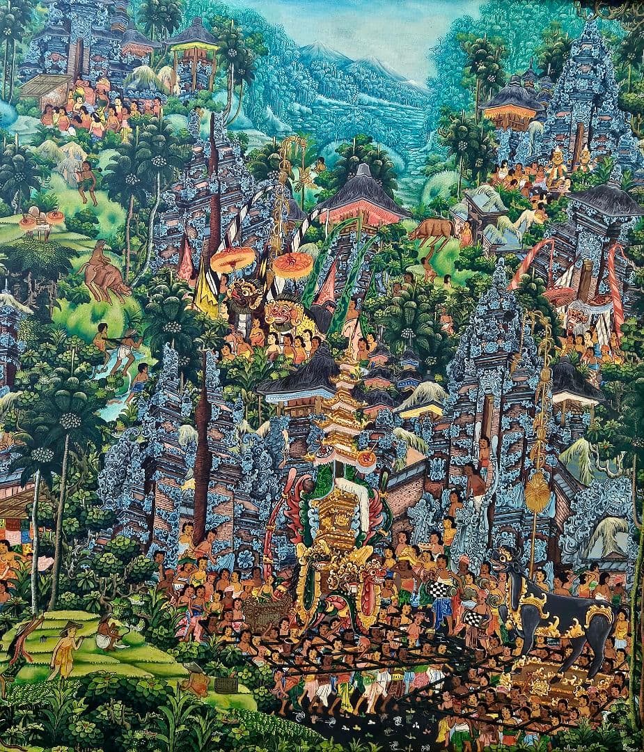 バリの風景 油彩画 PADE KETUT BONGKASO　 寺院お祭り図　額装