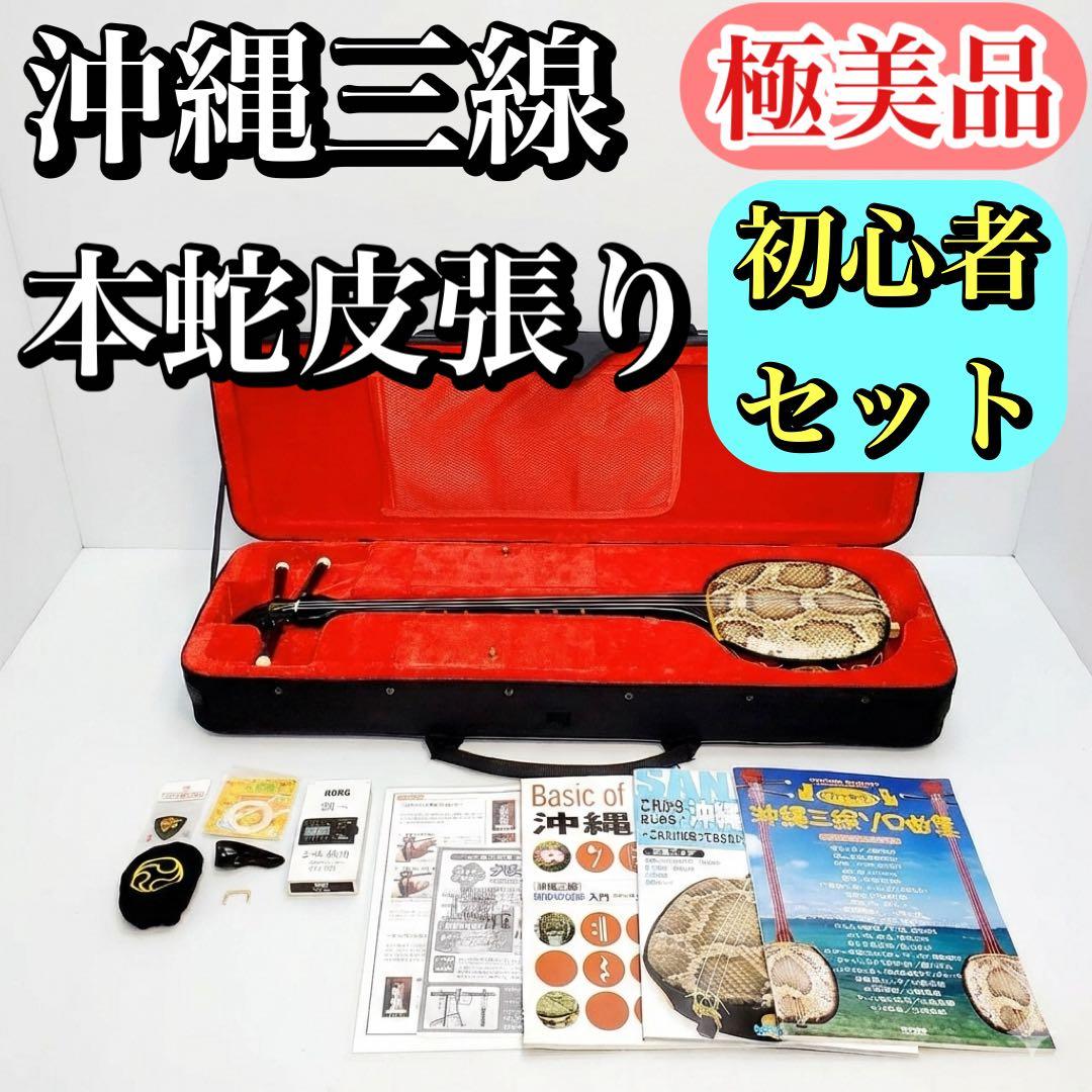 【極美品・すぐ始められる】沖縄三線 本蛇皮張り 付属品多数 初心者セット