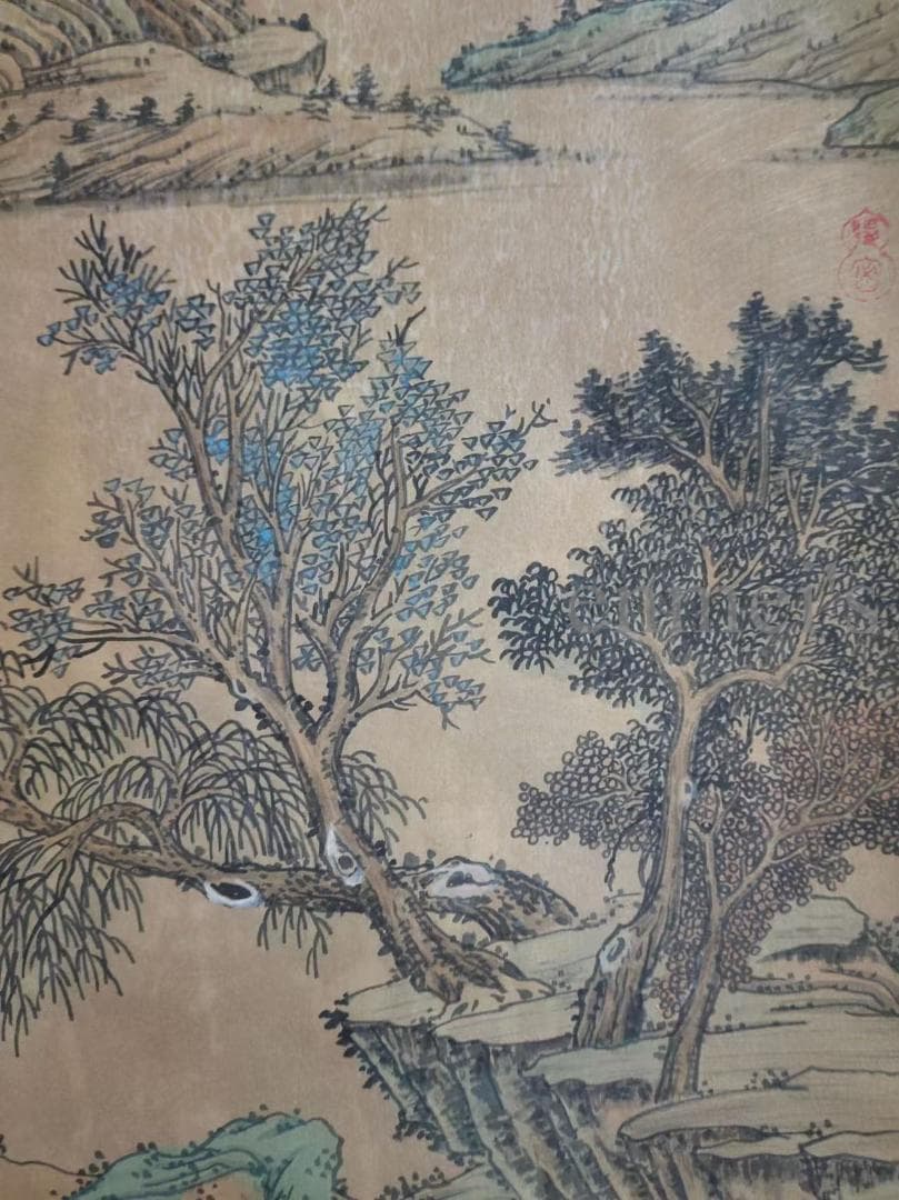 中国古美術・純手描き山水図掛軸・水墨画・文徴明印款・書道品・絹本・肉筆・一物一图
