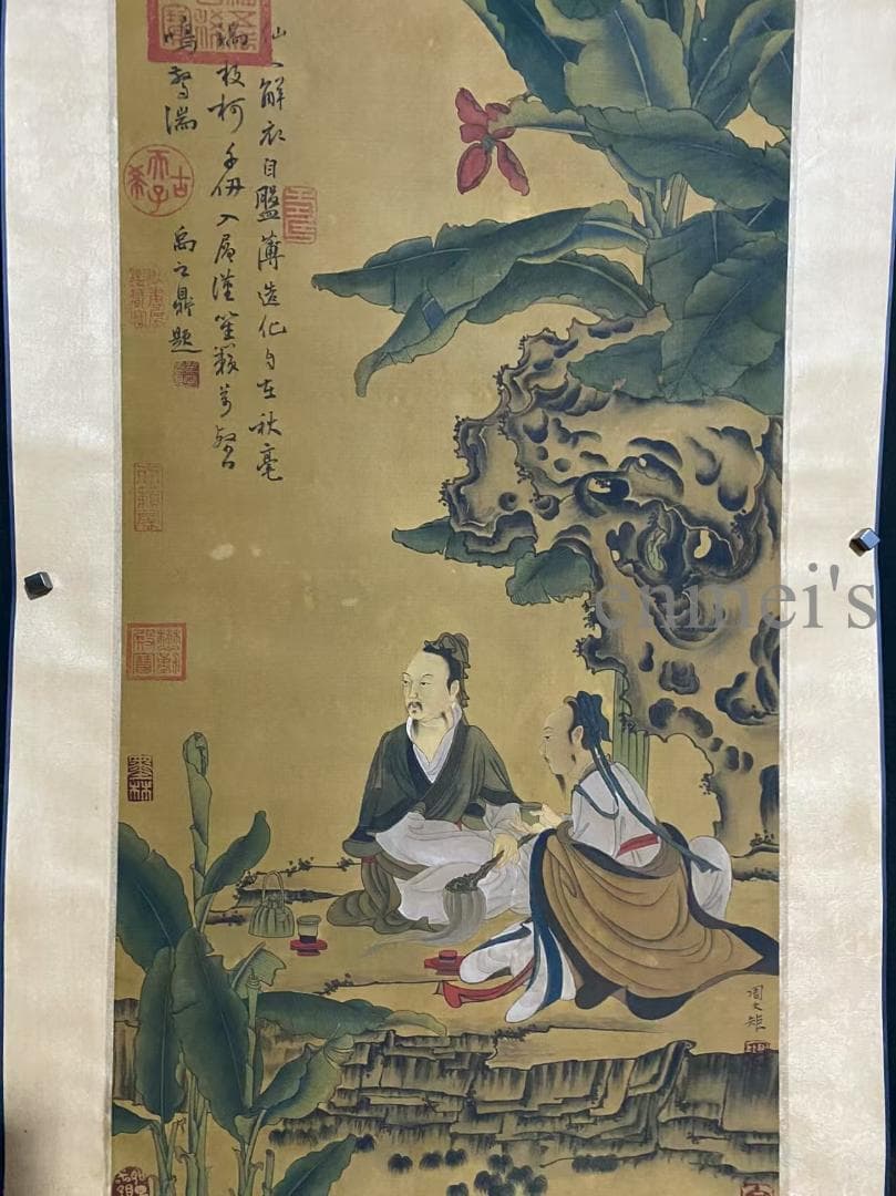 中国古美術 五代 周文矩款 人物図 掛軸 絹布 唐物 古画 書画 名家筆 水彩画