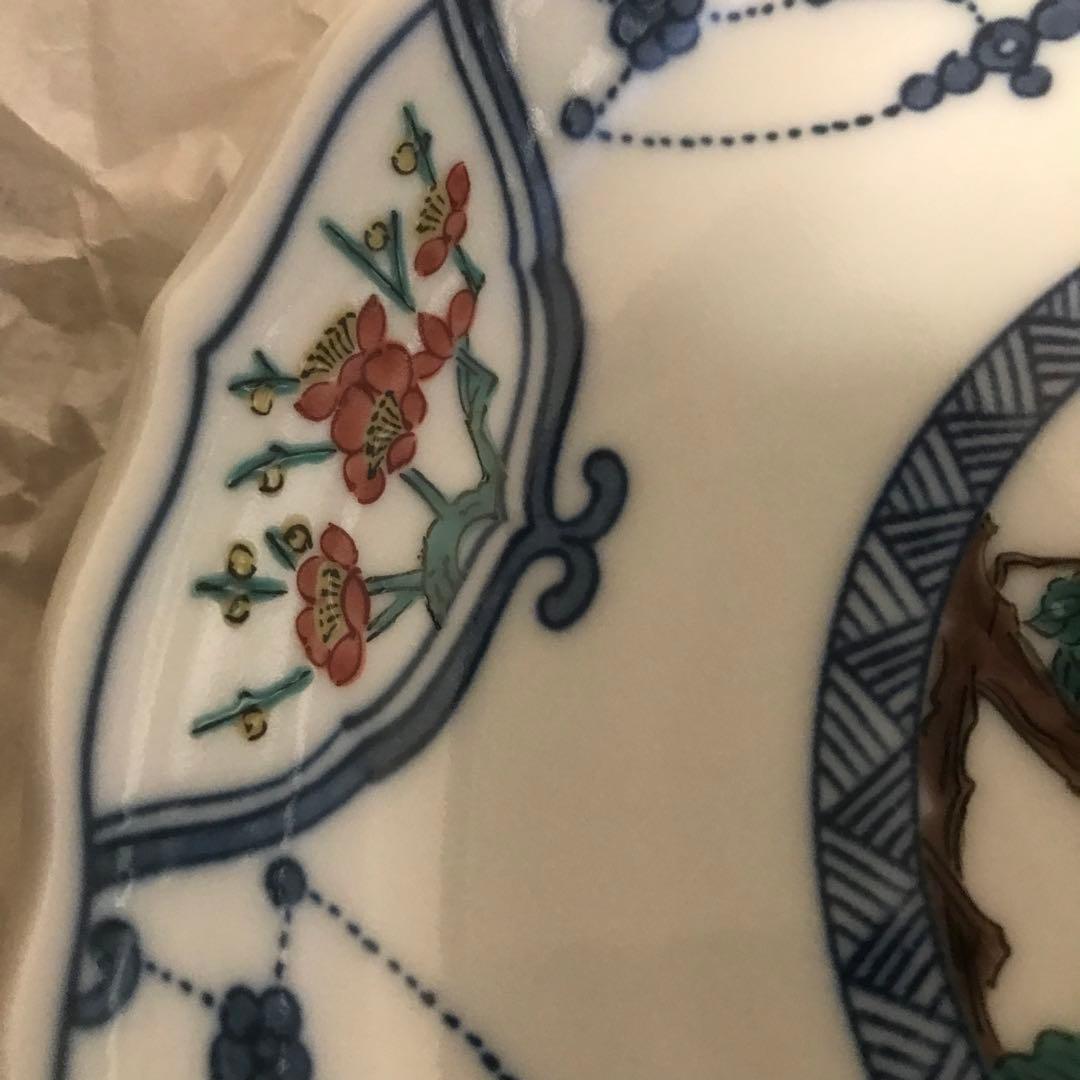 【新品未使用箱入り】九谷焼き　青郊窯　瓔珞(ようらく)紋花鳥六寸皿揃　5個セット