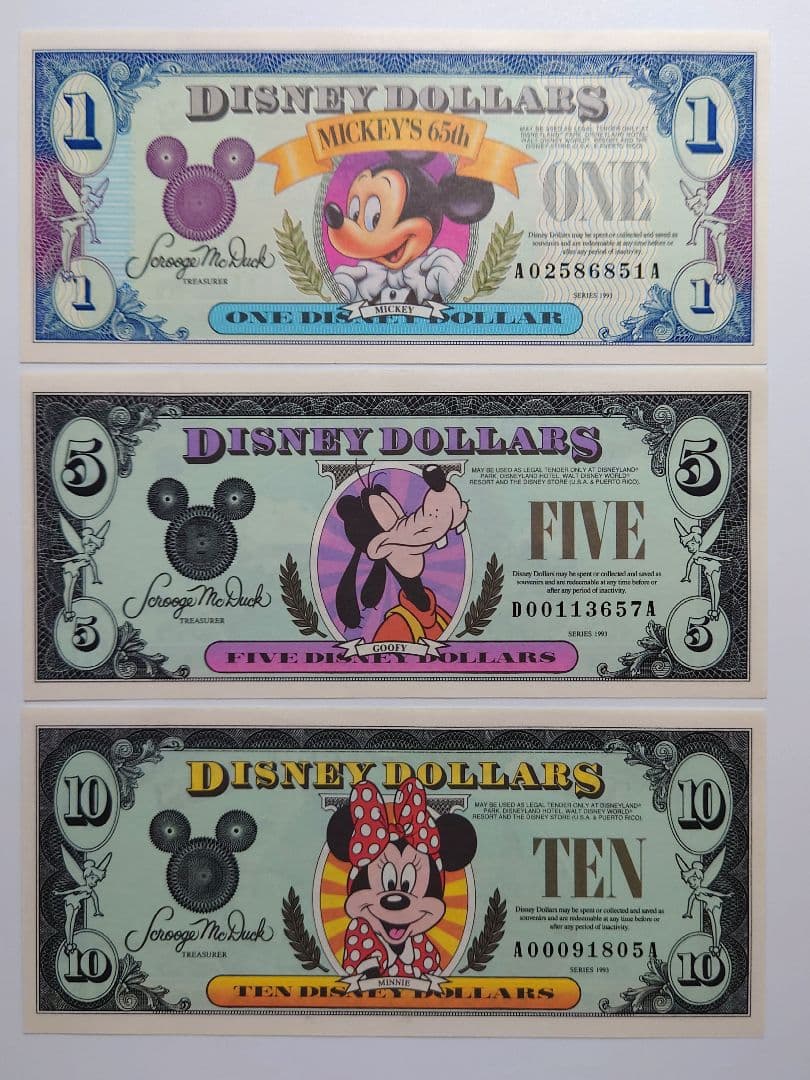 ✨超希少✨【美品】Disney Dollars 1993年版 $1, 5, 10