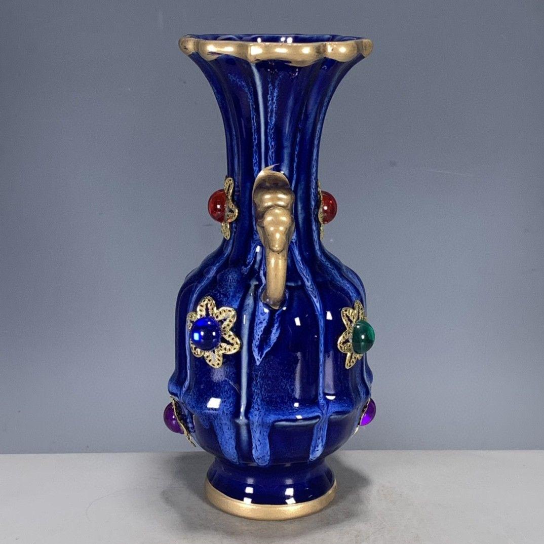 孔雀藍蒔絵象眼宝石両耳花瓶  景徳鎮 陶磁器 装飾品 現代工芸品 美術品 置物