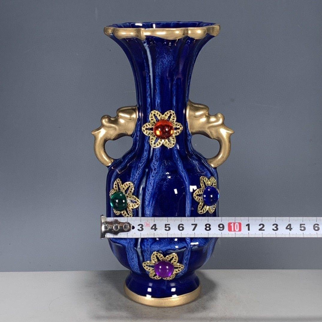 孔雀藍蒔絵象眼宝石両耳花瓶  景徳鎮 陶磁器 装飾品 現代工芸品 美術品 置物
