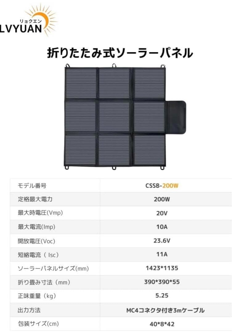 LVYUAN ソーラーパネル　太陽光 200W 折りたたみ　折り畳み 防水