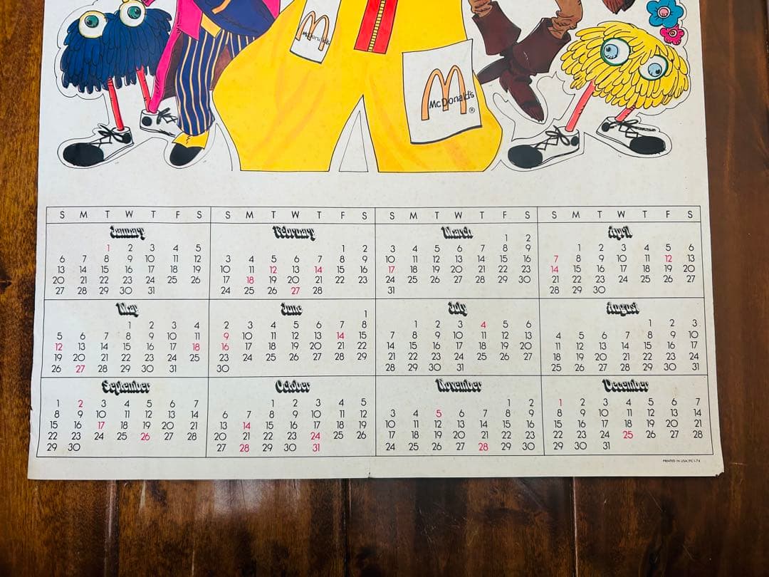 74' McDonalds Calendar マクドナルドカレンダー 当時レトロ