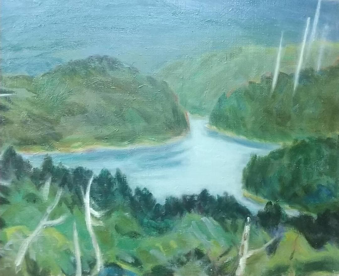 「雨の山湖」絵画 油絵 F8