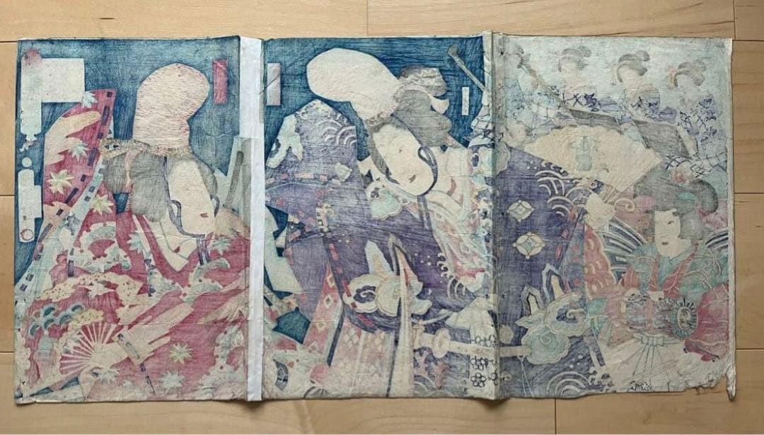 浮世絵 原画　豊原國周 版画 アンティーク美術　歌舞伎絵　木版画　3連画