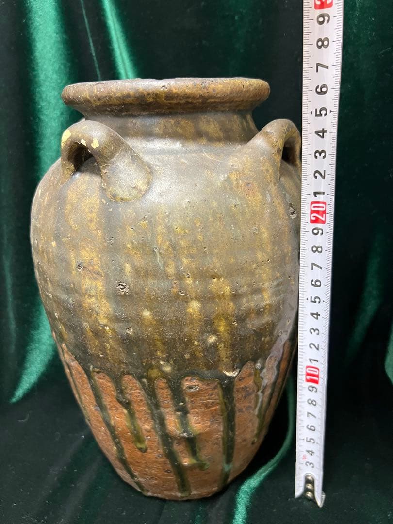 中国明朝（青釉 四耳壺陶器骨董品 時代物 高さ27cmx12cm整理品現状品のみ