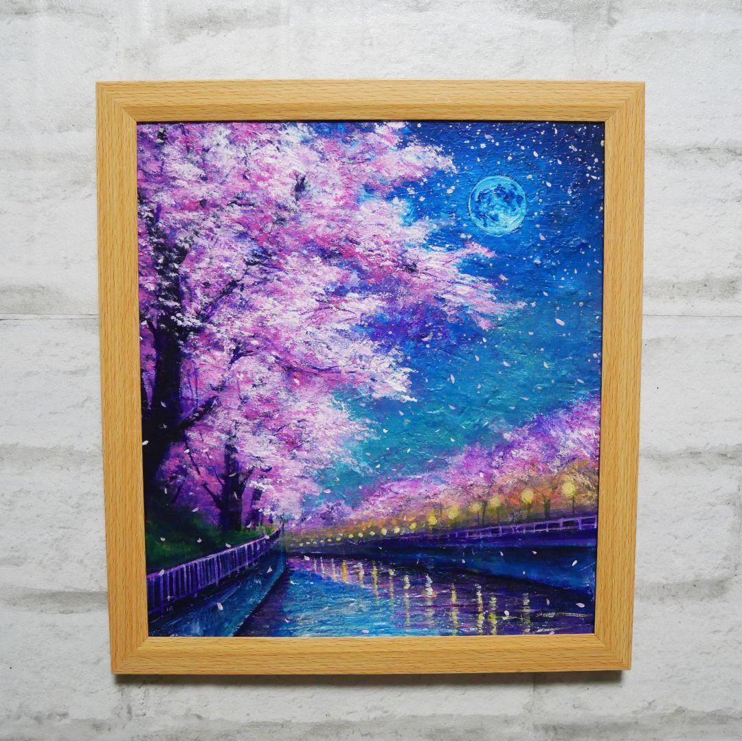 油絵 油彩 油彩画 絵画 絵【青い満月の夜桜】