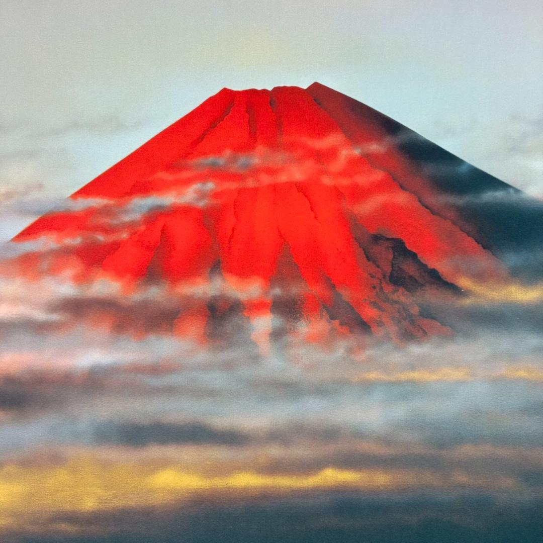美品 浜田泰介「赤富士」リトグラフ 直筆サイン・印章有り 額装 富士山 縁起物