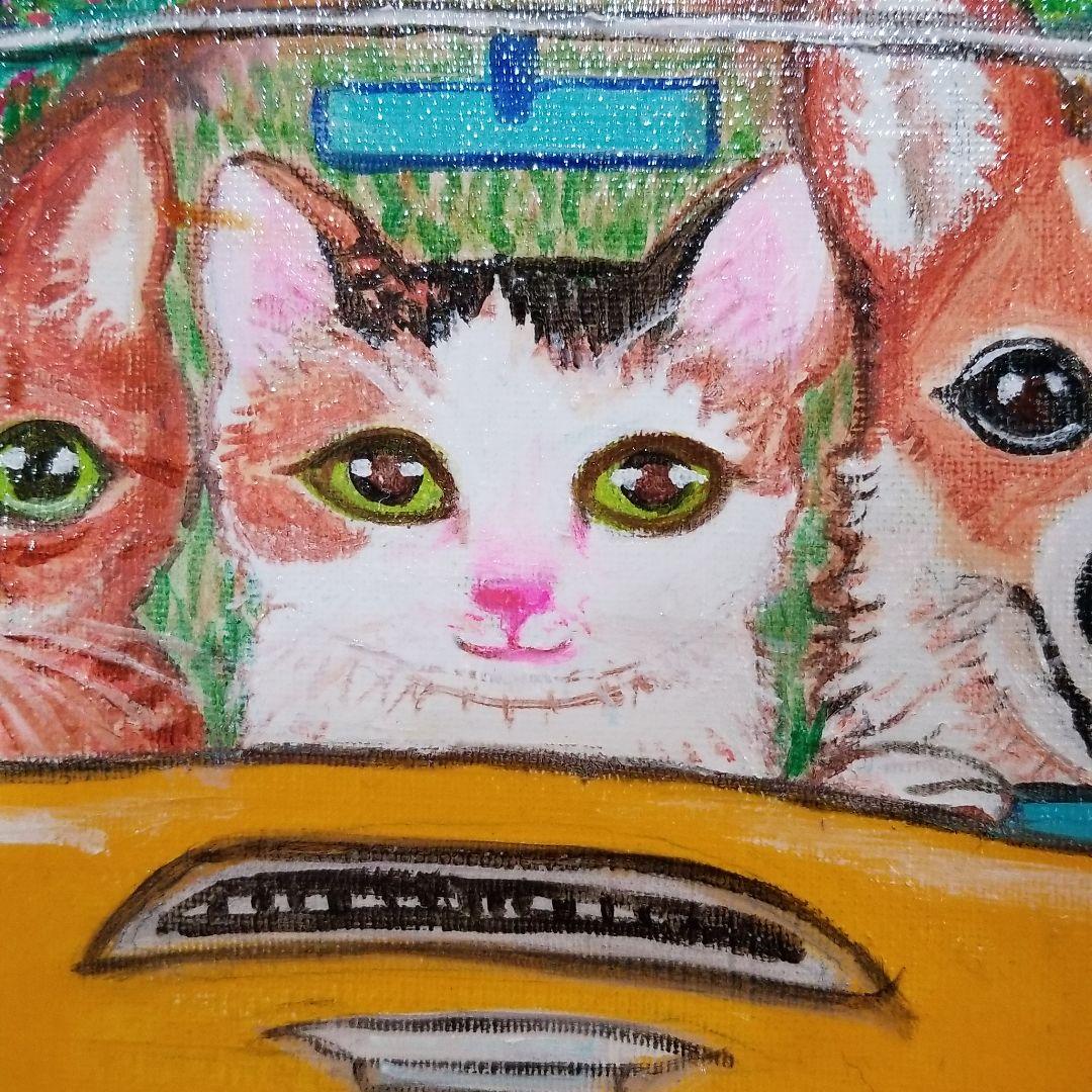 油絵　専用　車に乗るきららちゃん、こゆきちゃん、ふぶきくん