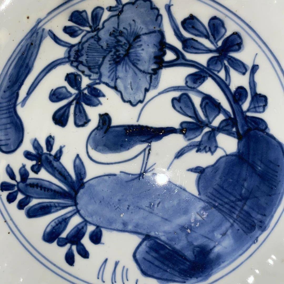 古染付　鳥草花文　7寸皿　明末清初期