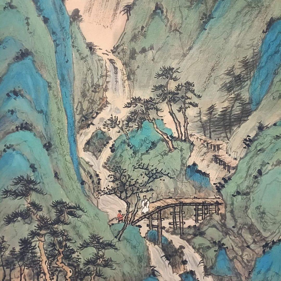 王希孟 山水画 掛け軸 中堂 千里江山図 中国画 表装済 77×175cm