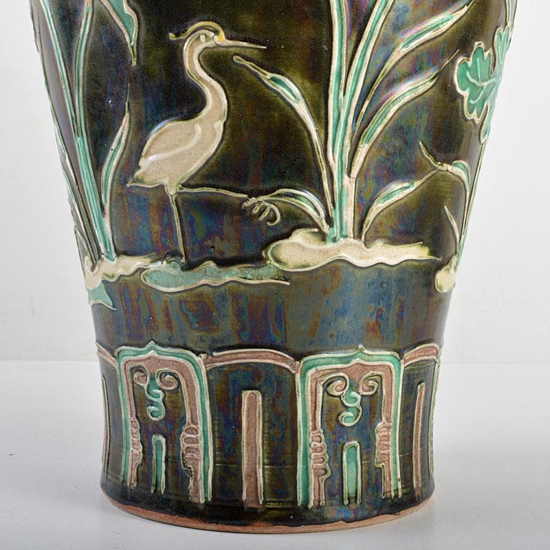 中国　黒交趾法花三彩蓮池鶴文　梅瓶　M　R5611B