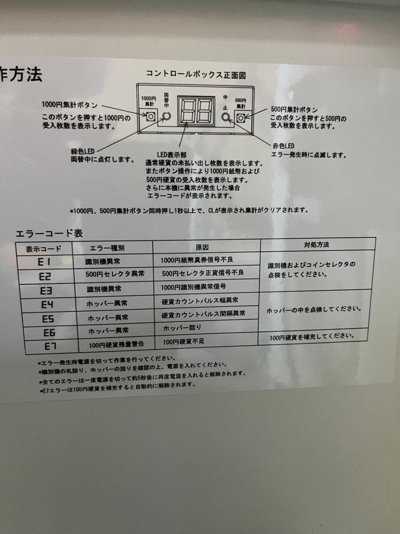 両替機 1,000円紙幣500円硬貨→100円 硬貨 新紙幣硬貨未対応