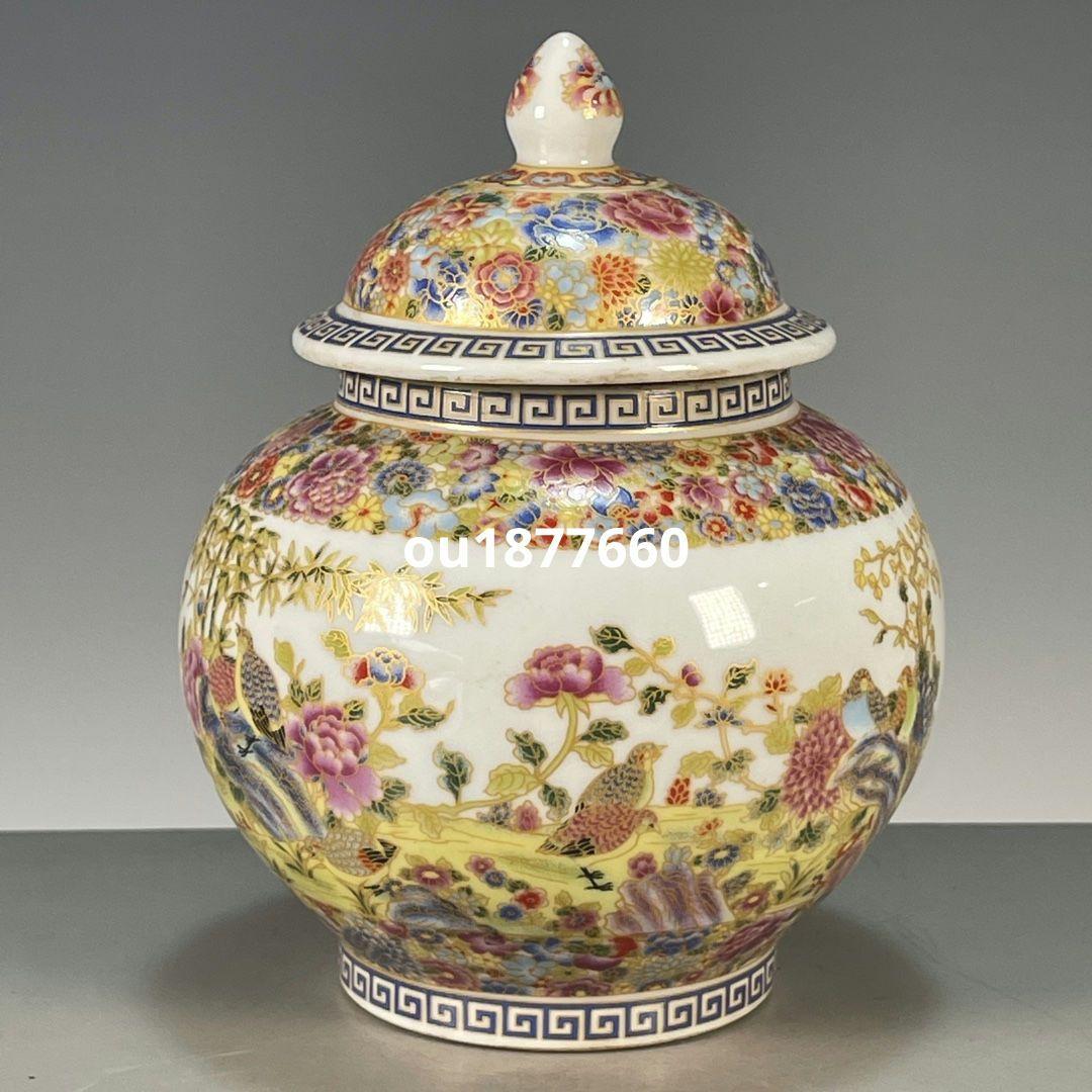 琺瑯彩花鳥貯蔵蓋缶 景徳鎮 陶磁器 装飾品 現代工芸品 美術品 置物