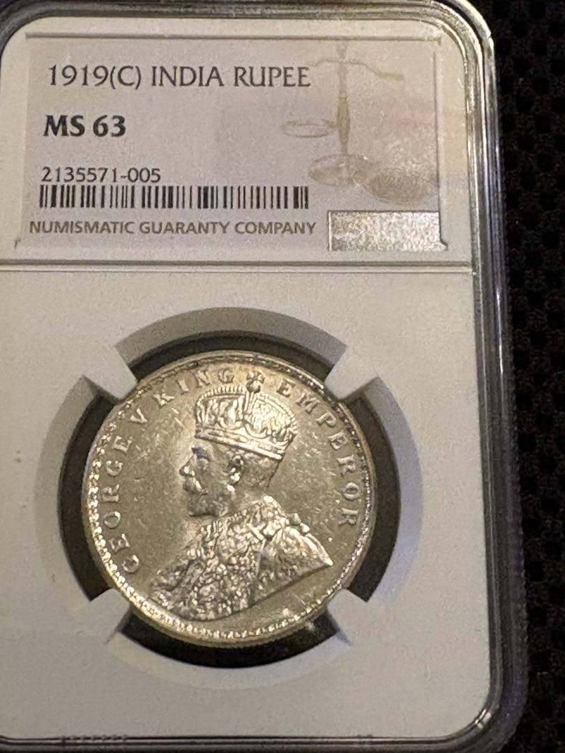 1919年（Cマーク） の英領インド1ルピー銀貨ジョージ5世NGC鑑定 MS63