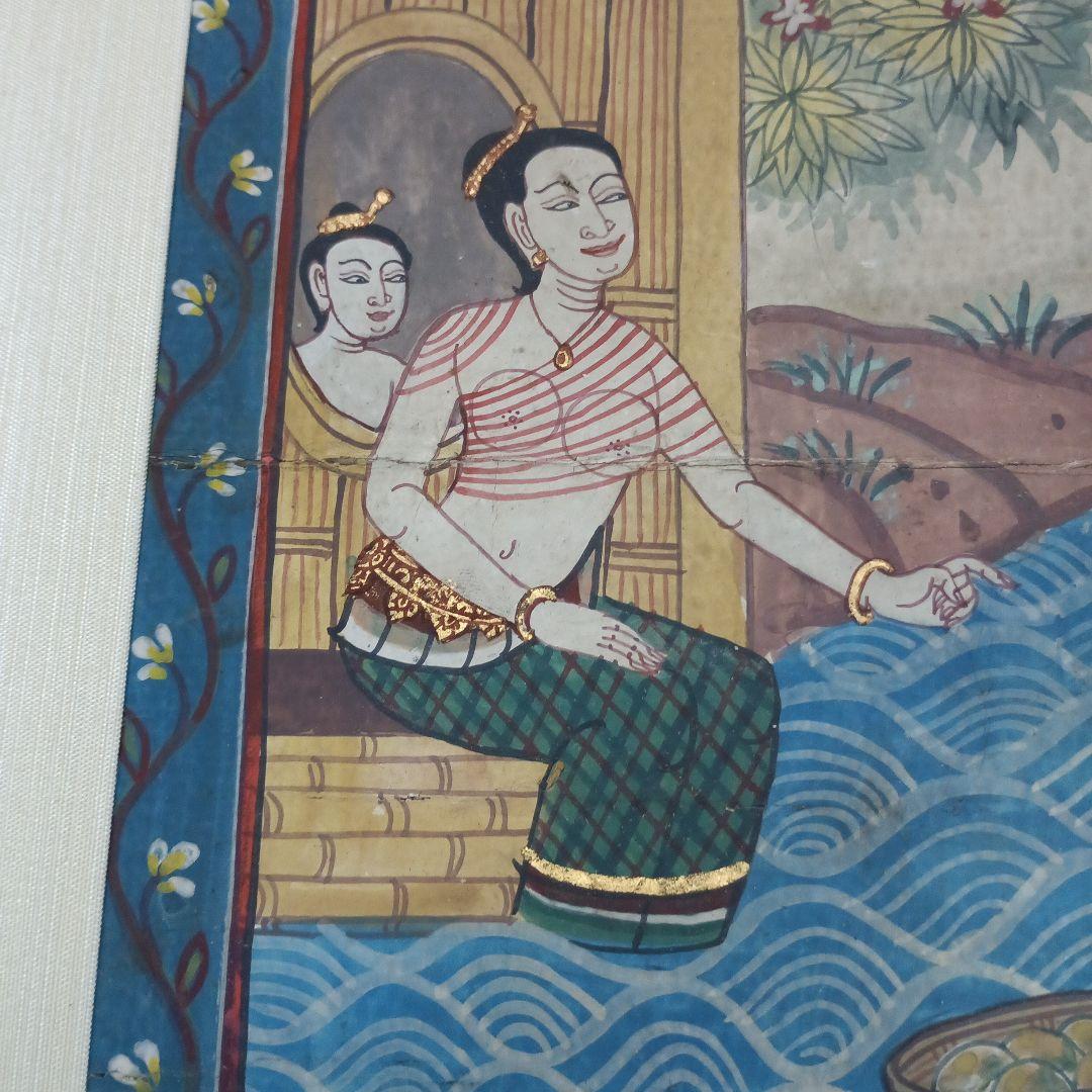 4445）タイの寺院画・宗教画？？？　水彩系の直筆　詳細不明