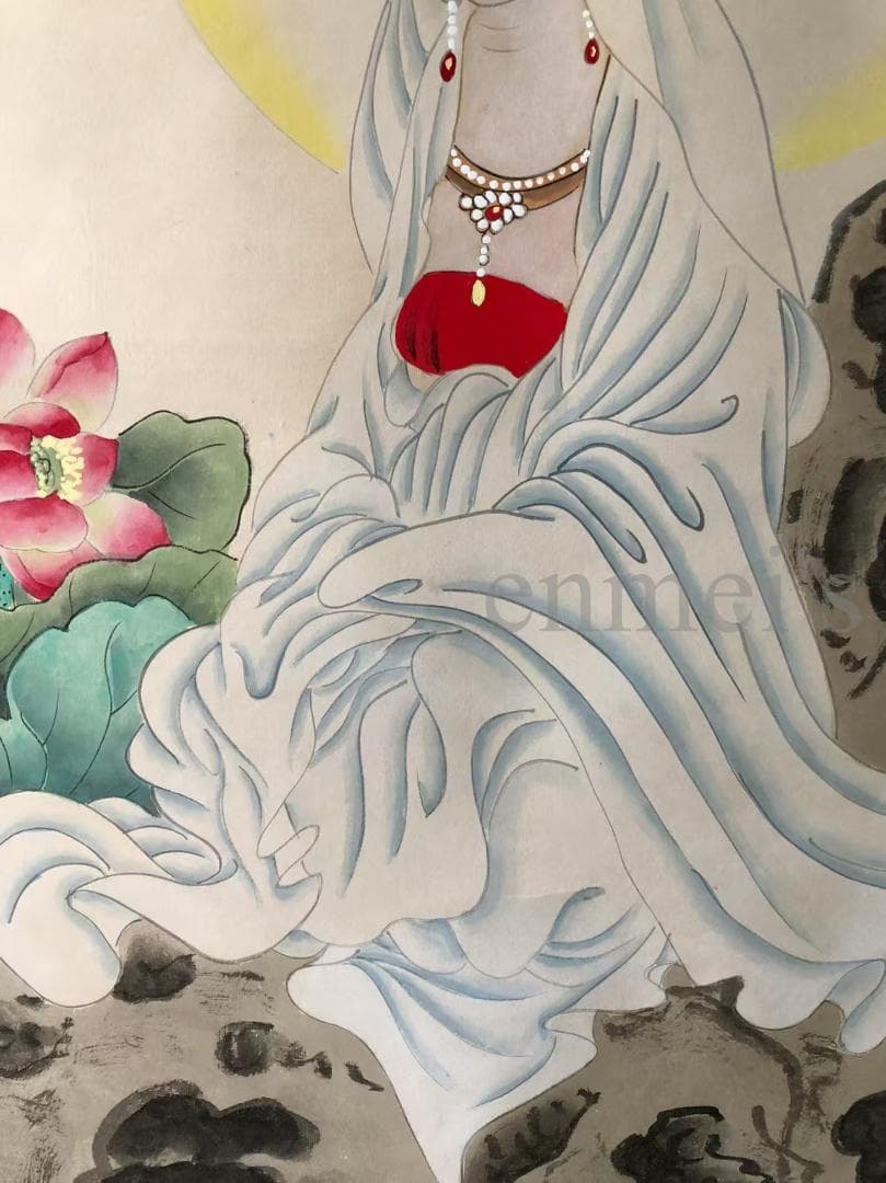 中国古美術・純手描き四尺人物観音菩薩掛軸・蓮の花・国画・張大千印款・珍品画・肉筆
