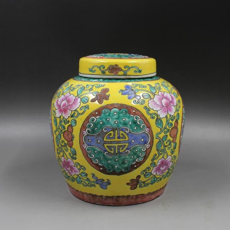 清康熙パステル彩花枝寿紋茶蓋缶 景徳鎮 陶磁器 装飾品 工芸品 美術品 置物