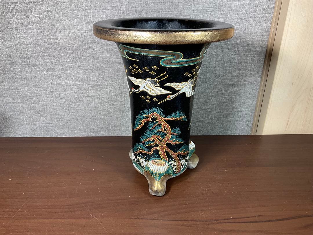 古い蘭鉢「陶香園 龍山在銘品」鶴絵付万年青鉢古美術品(植木鉢盆栽鉢蘭寒蘭旧家)
