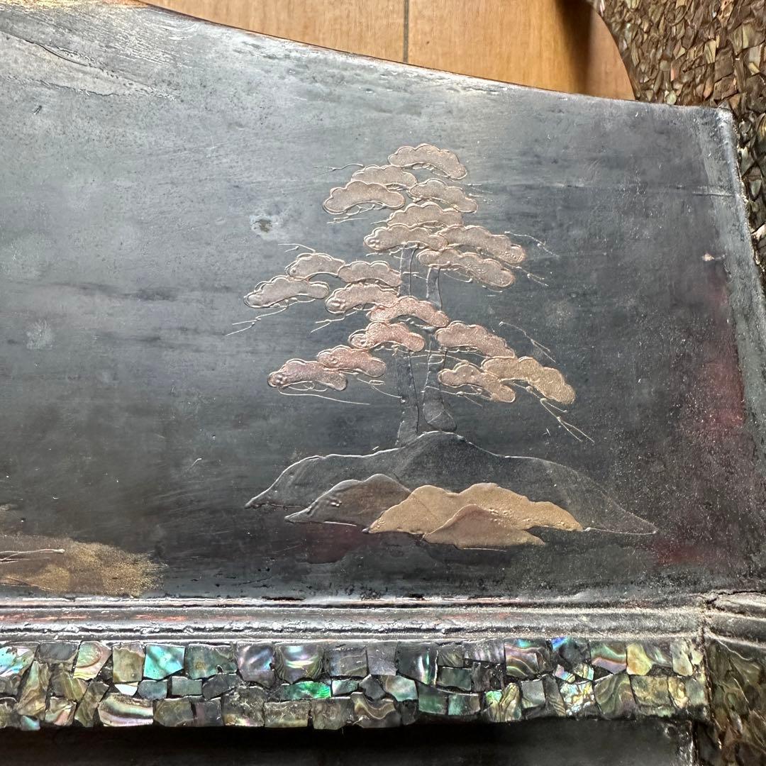 時代物 木製 螺鈿細工 富士山 刀掛け 3本掛 高さ約40.5cm 螺鈿細工