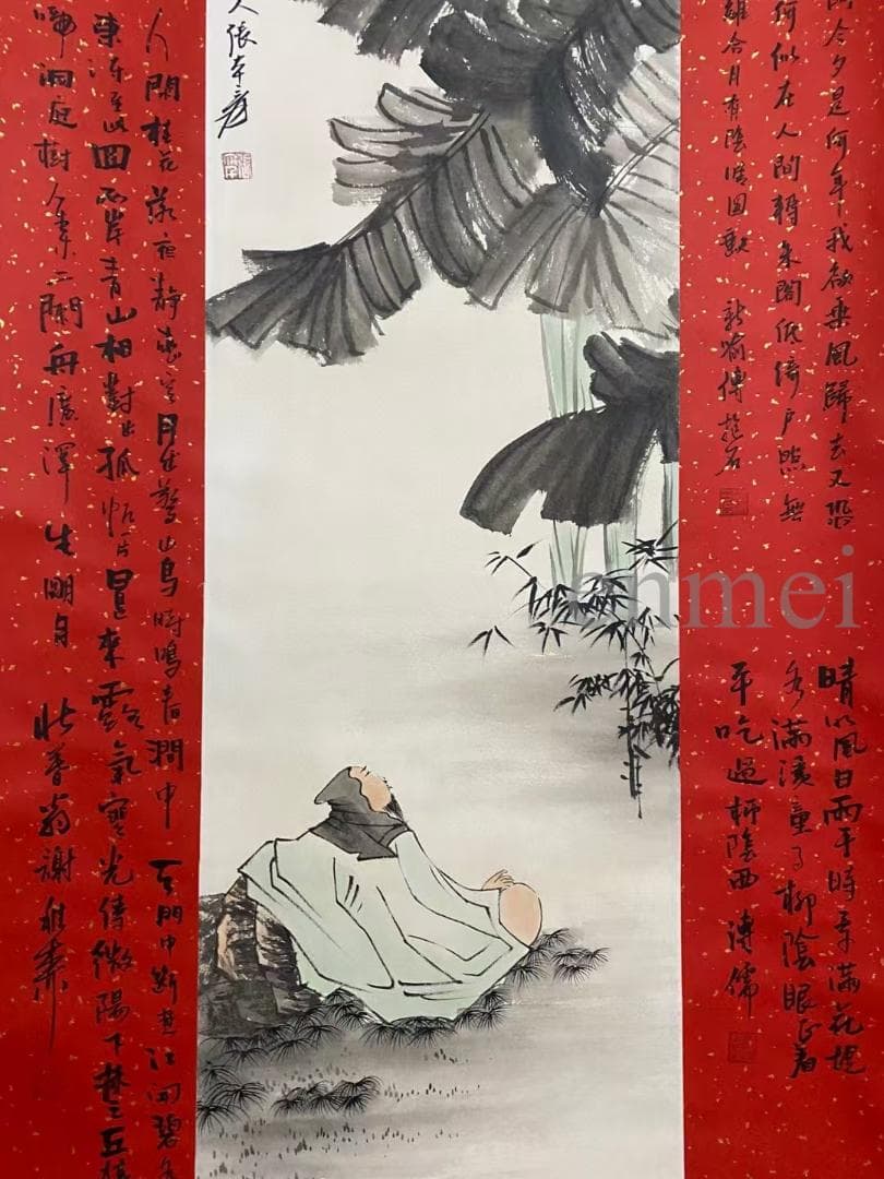 中国古美術・旧藏珍品・張大千款・人物水墨画・純手描き・四尺中堂畫・掛軸・書斎飾り
