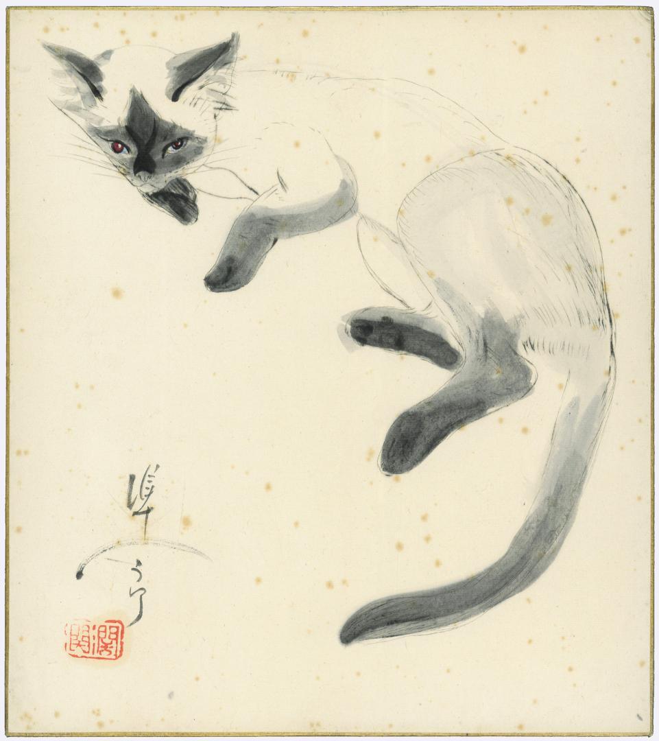 ★関野凖一郎 直筆色紙「猫」水彩画・表裏両面に直筆サイン入り・1962年仲秋