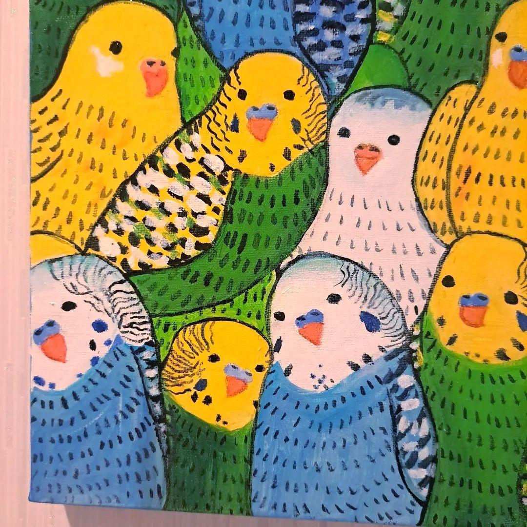 キャンバス油絵　専用　仲良く集まるカラフルかわいいインコたち