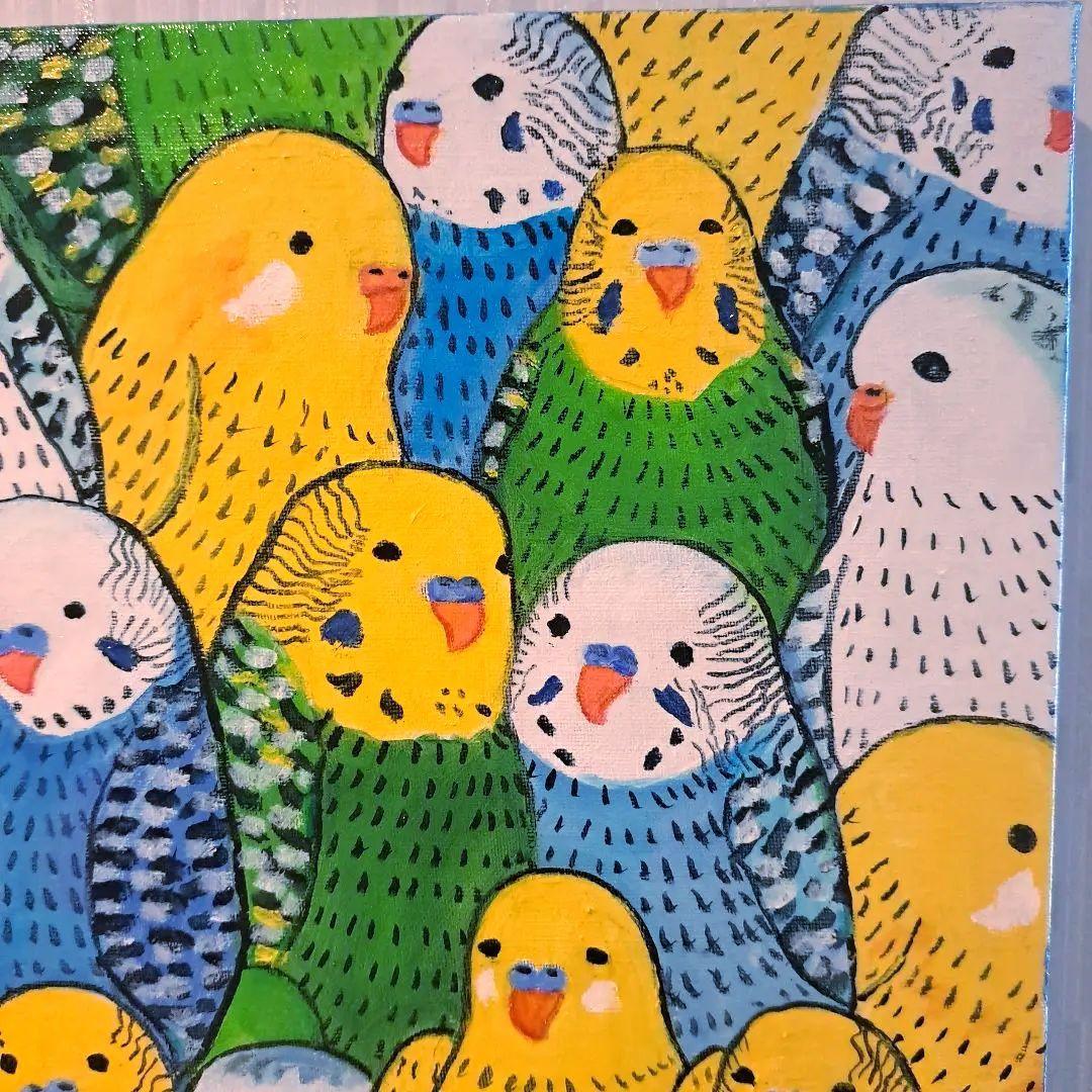 キャンバス油絵　専用　仲良く集まるカラフルかわいいインコたち